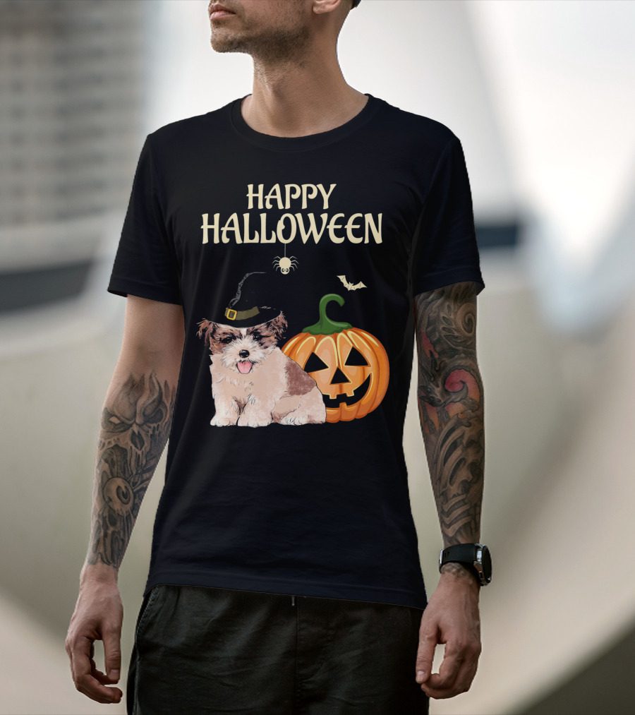 Happy Halloween Shih Tzu With Pumpkin And Witch Hat T-Shirt