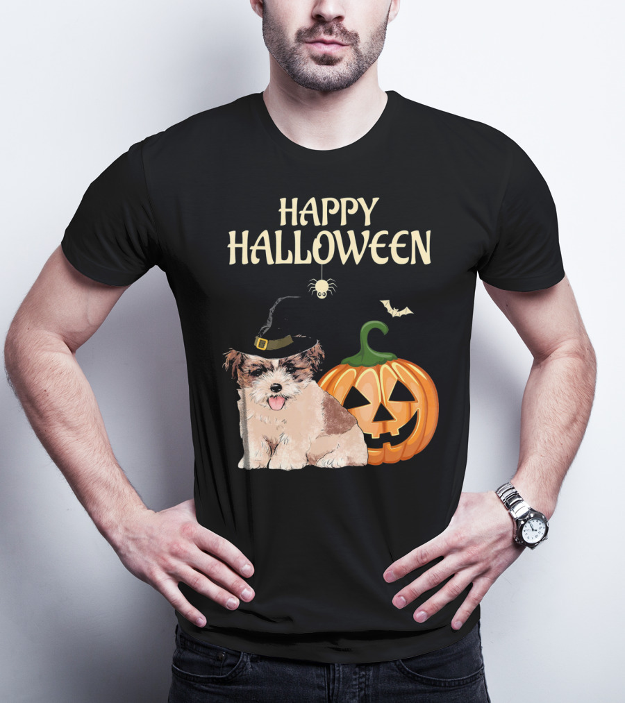 Happy Halloween Shih Tzu With Pumpkin And Witch Hat T-Shirt