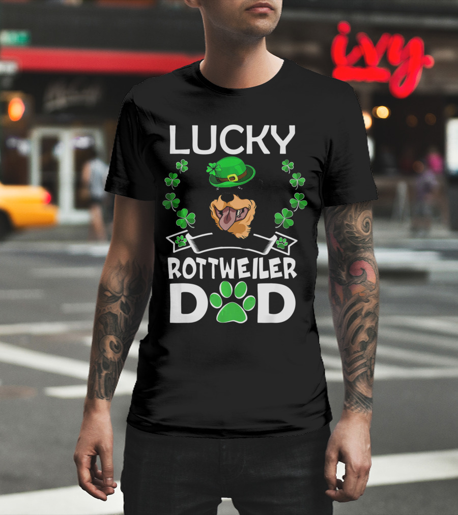Lucky Rottweiler Dad St Patricks Day Shamrocks And Green Hat T-Shirt