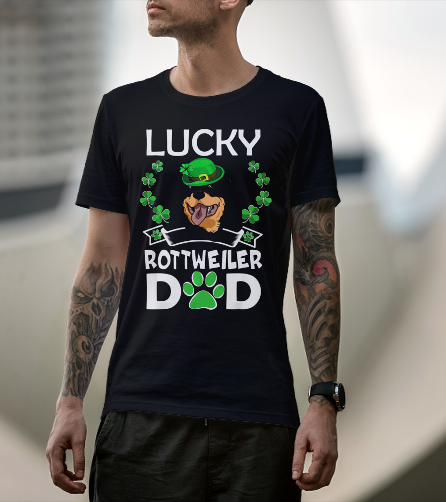 Lucky Rottweiler Dad St Patricks Day Shamrocks And Green Hat T-Shirt