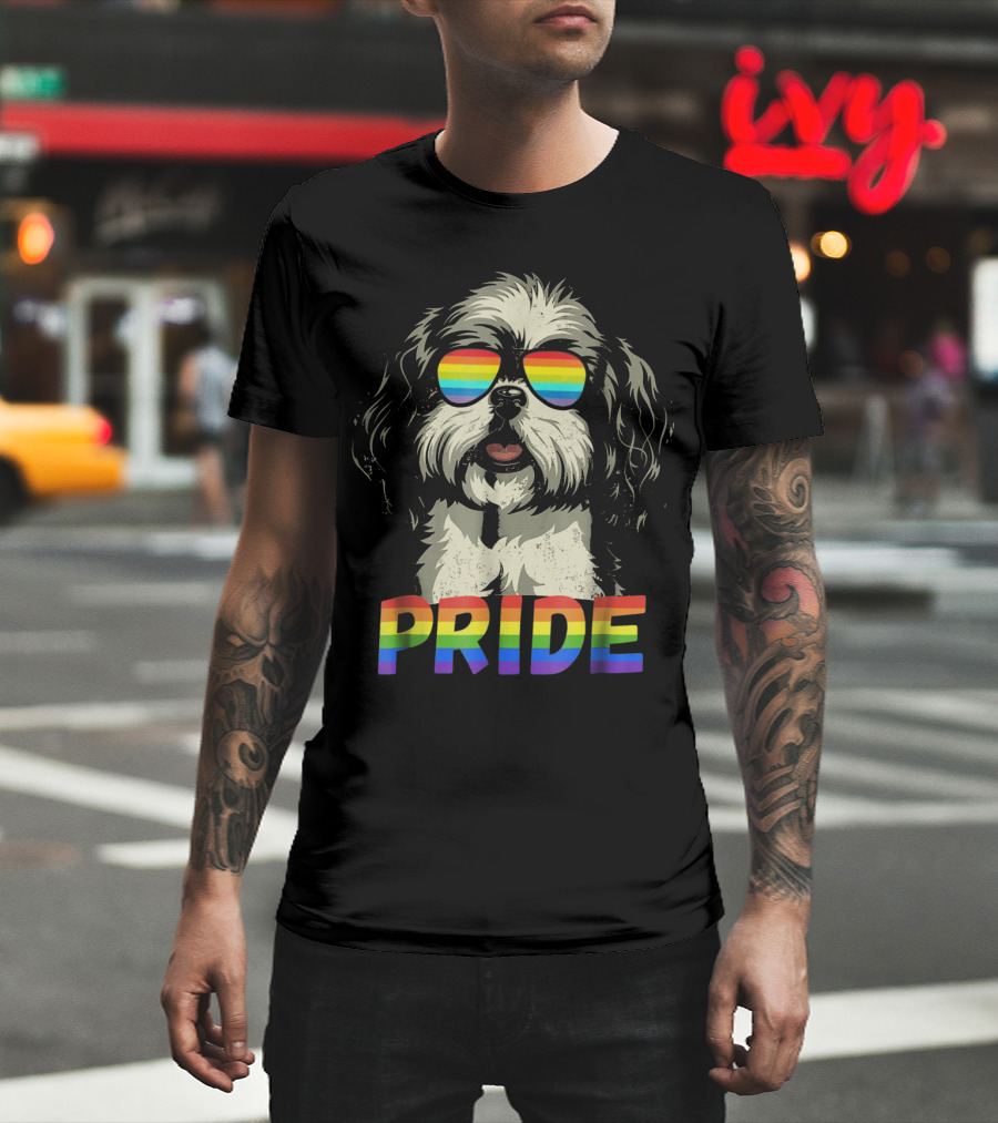 Pride Shih Tzu With Gay Pride Flag Sunglasses For Dog Lovers T-Shirt