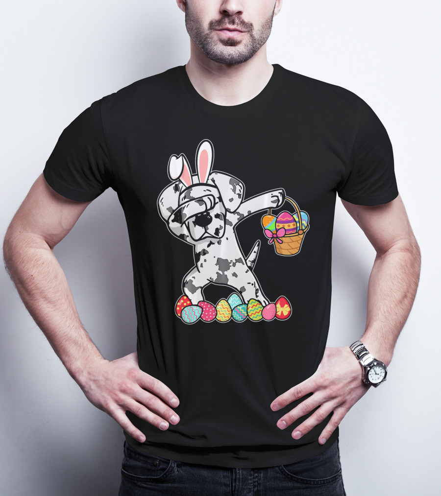Great Dane Dabbing Easter Bunny With Egg Basket And Colorful Hunting Eggs T-Shirt