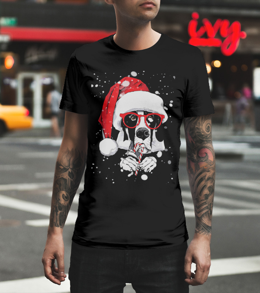 Great Dane Licking Candy Cane With Santa Xmas Hat And Red Glasses Snowflakes T-Shirt