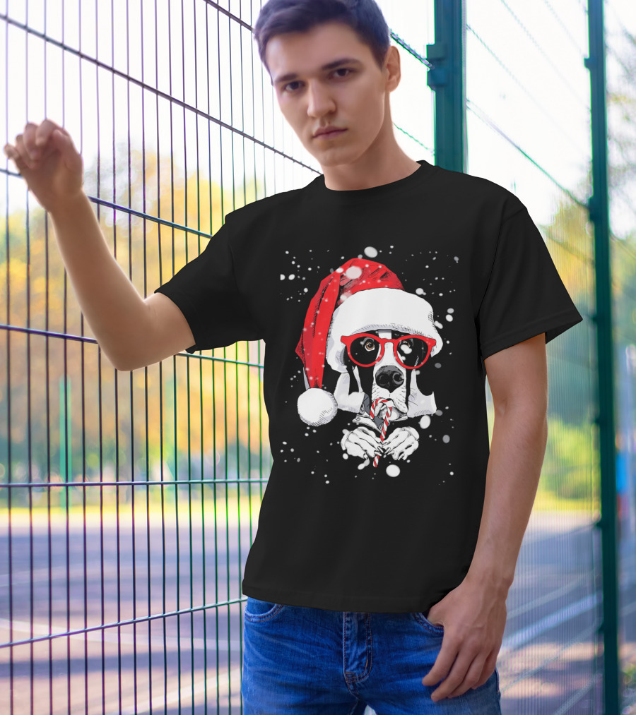Great Dane Licking Candy Cane With Santa Xmas Hat And Red Glasses Snowflakes T-Shirt