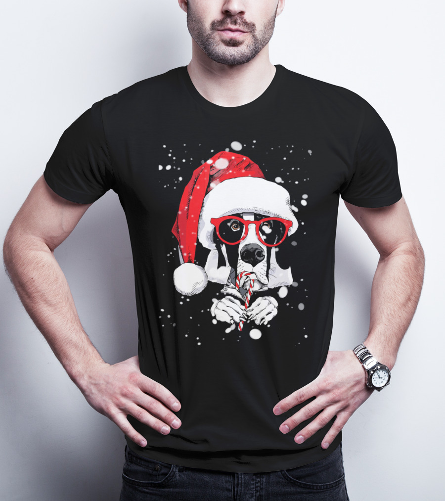 Great Dane Licking Candy Cane With Santa Xmas Hat And Red Glasses Snowflakes T-Shirt