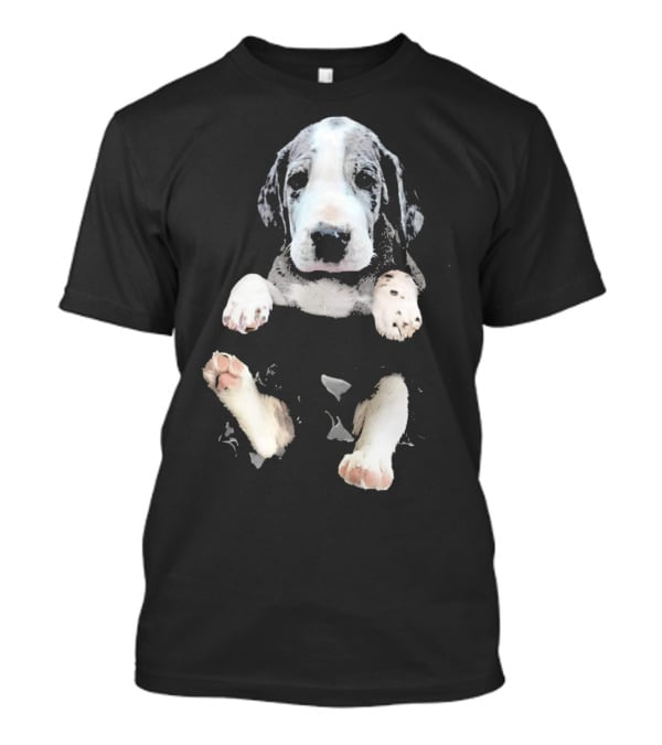 Great Dane Puppy Peeking Out Of Pocket T-Shirt