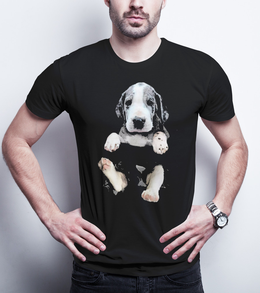 Great Dane Puppy Peeking Out Of Pocket T-Shirt