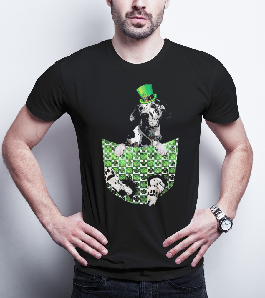 Great Dane In Pocket With Green Shamrock Patrick Hat T-Shirt