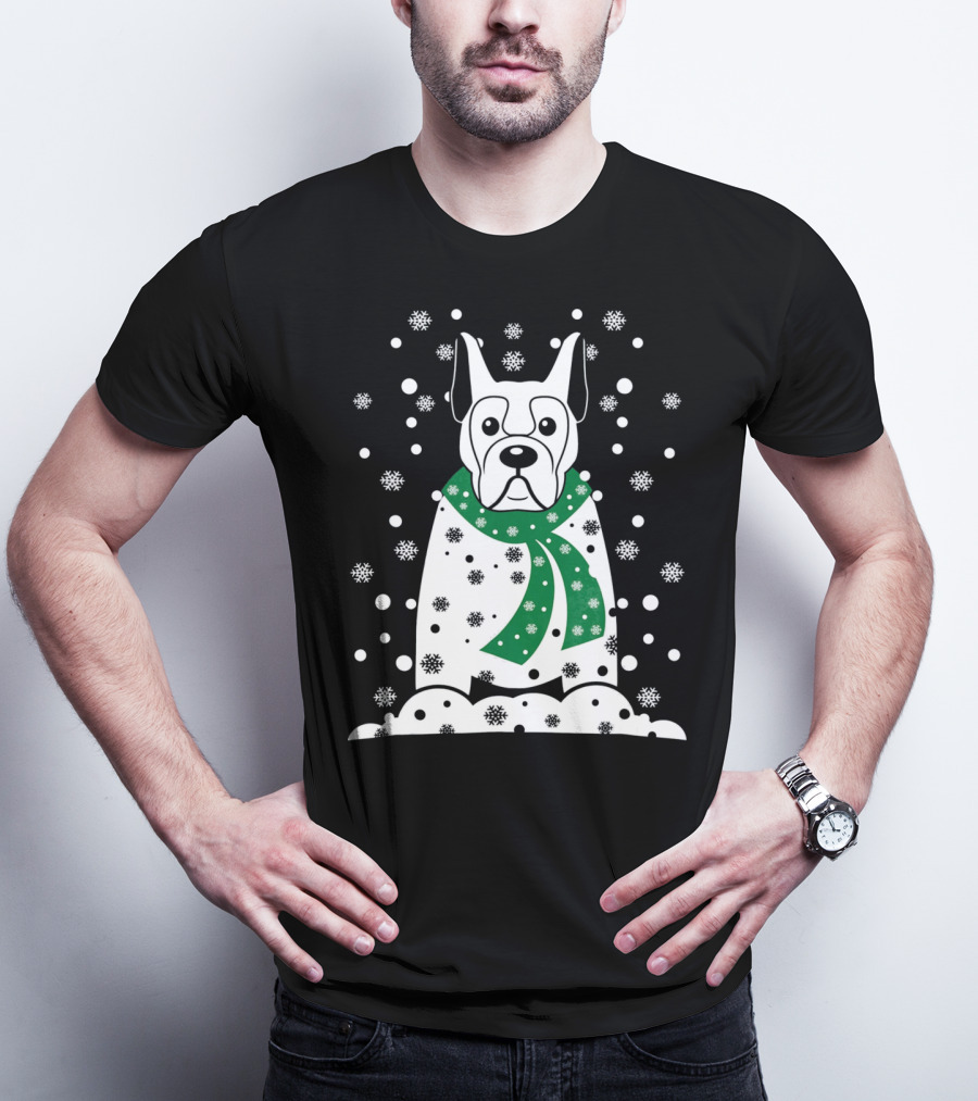 Great Dane Snowman With Green Scarf And Falling Snowflakes T-Shirt