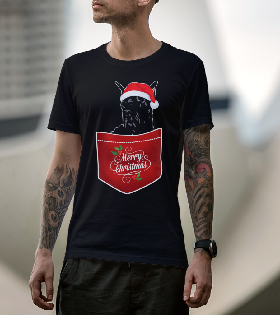 Great Dane In Santa Hat With Merry Christmas Pocket T-Shirt