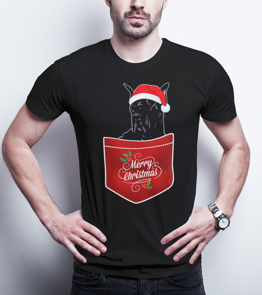 Great Dane In Santa Hat With Merry Christmas Pocket T-Shirt