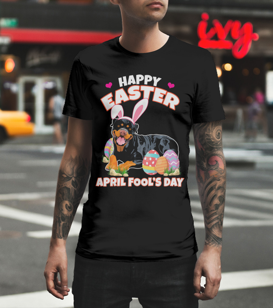 Happy Easter April Fool's Day Funny Rottweiler With Bunny Ears And Colorful Eggs T-Shirt