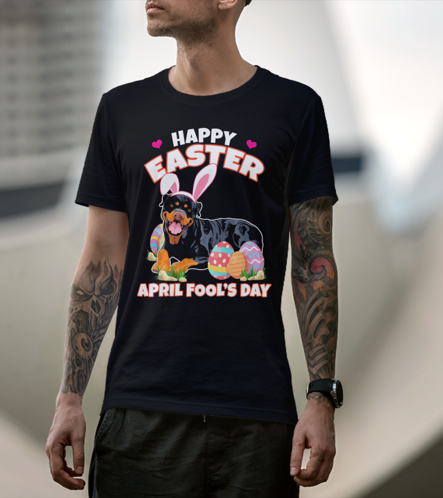 Happy Easter April Fool's Day Funny Rottweiler With Bunny Ears And Colorful Eggs T-Shirt