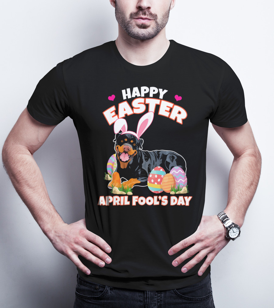 Happy Easter April Fool's Day Funny Rottweiler With Bunny Ears And Colorful Eggs T-Shirt