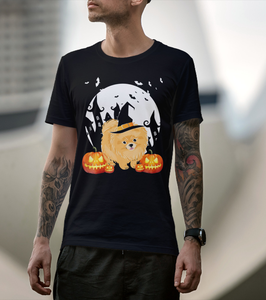 Happy Halloween Little Witch Pomeranian Dog With Pumpkins And Haunted House T-Shirt