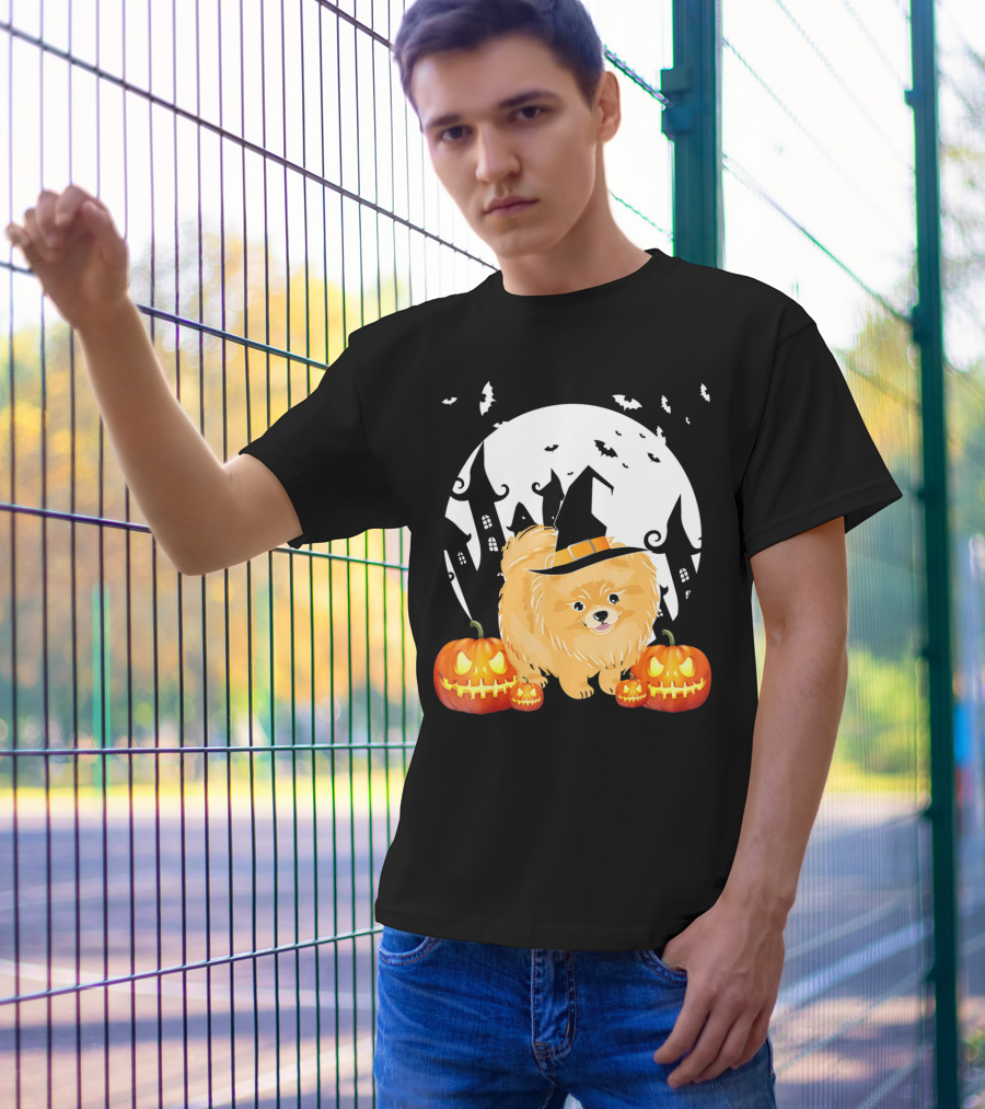 Happy Halloween Little Witch Pomeranian Dog With Pumpkins And Haunted House T-Shirt