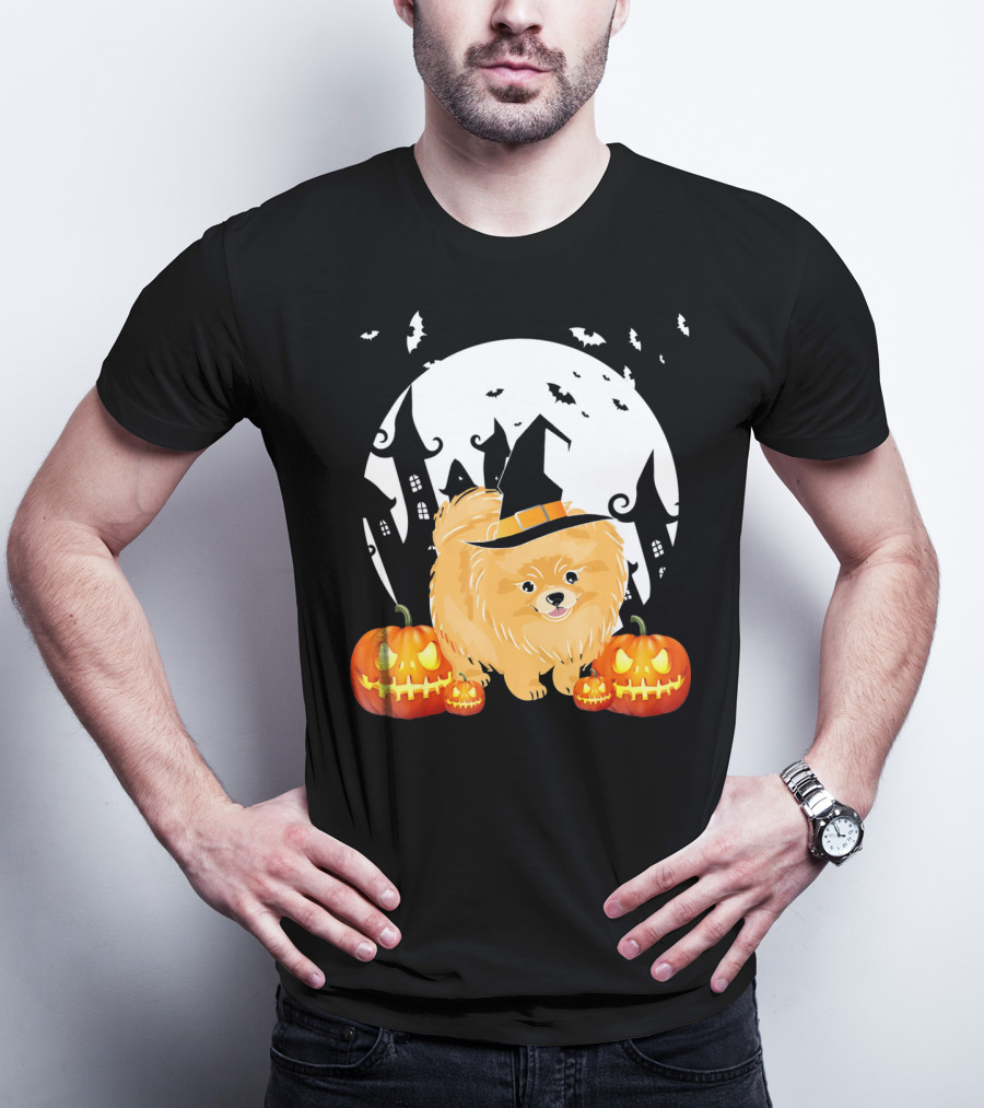 Happy Halloween Little Witch Pomeranian Dog With Pumpkins And Haunted House T-Shirt