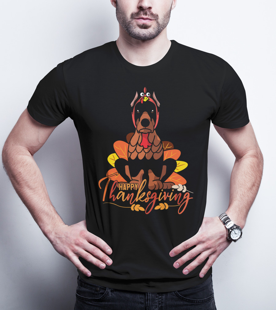 Happy Thanksgiving Doberman Pinscher Turkey Autumn Leaves T-Shirt