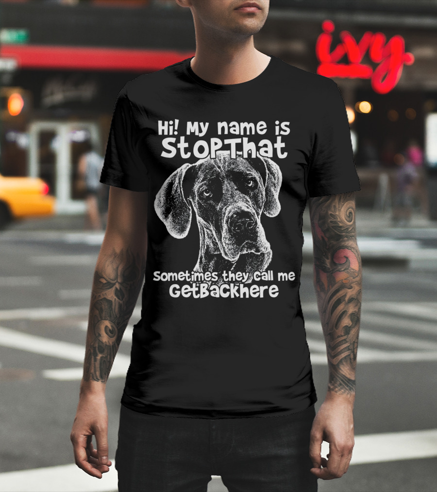 Hi My Name Is StopThat Sometimes They Call Me GetBackHere Funny Great Dane T-Shirt