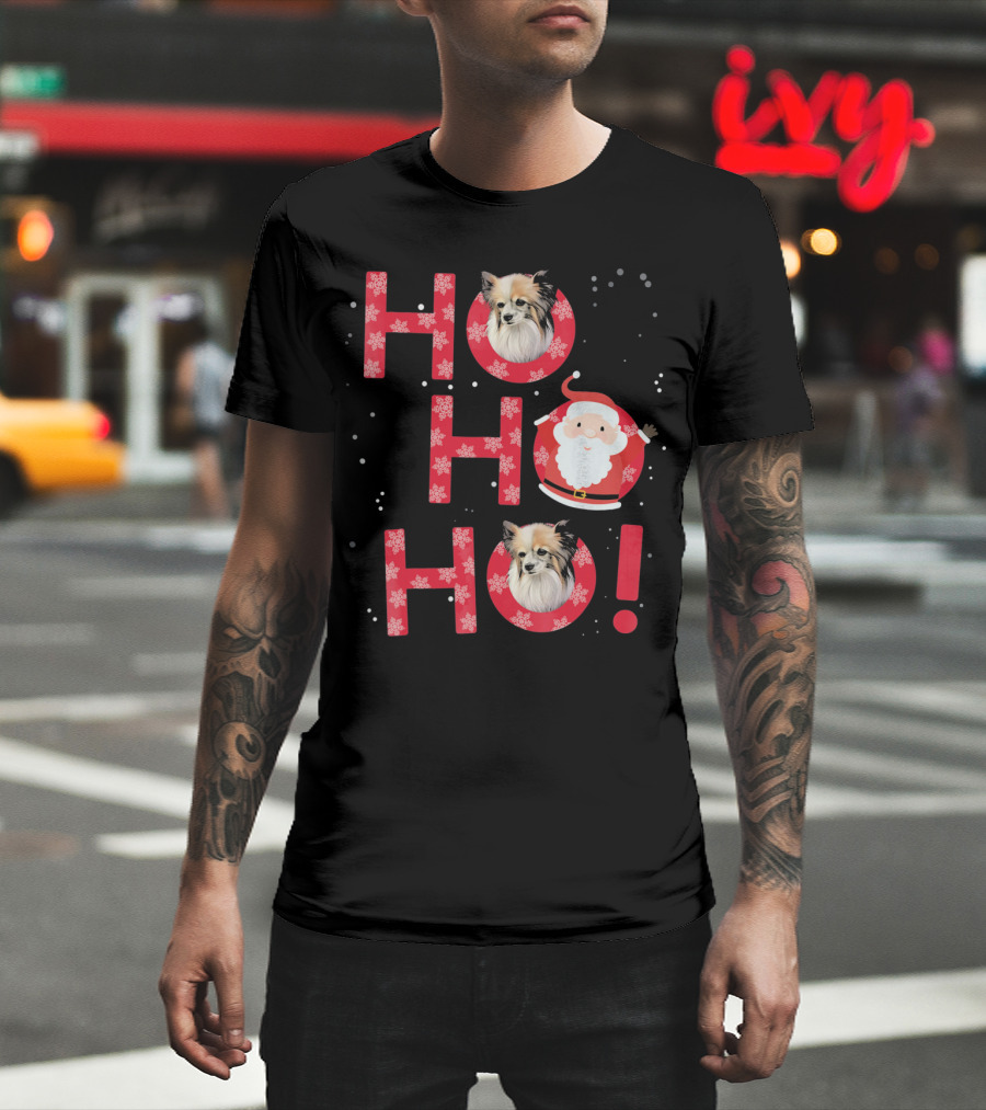 Ho Ho Ho Papillon Dog Santa's Laugh With Snowflakes T-Shirt