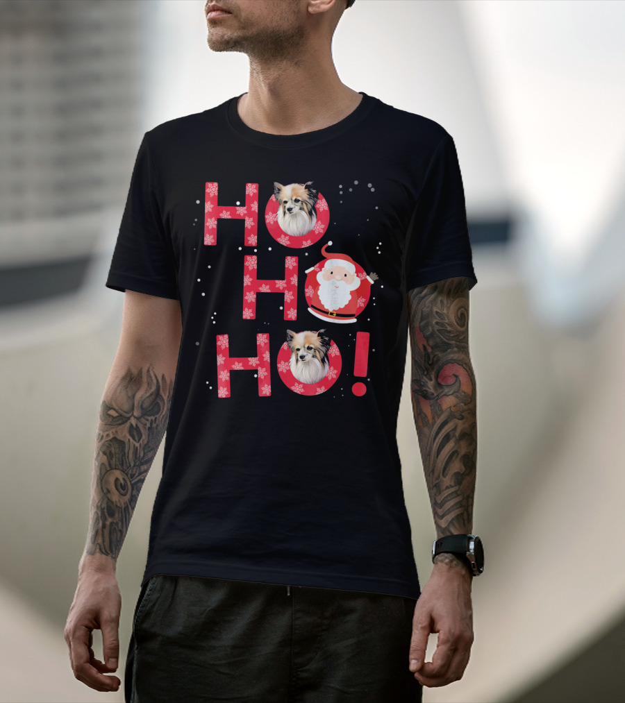 Ho Ho Ho Papillon Dog Santa's Laugh With Snowflakes T-Shirt