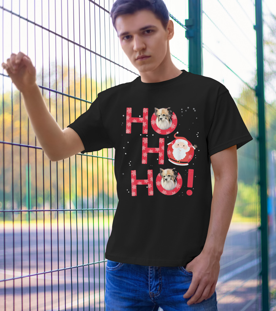 Ho Ho Ho Papillon Dog Santa's Laugh With Snowflakes T-Shirt