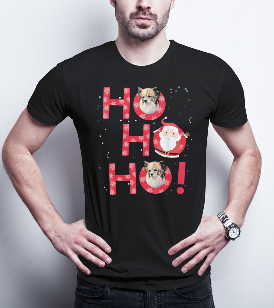 Ho Ho Ho Papillon Dog Santa's Laugh With Snowflakes T-Shirt