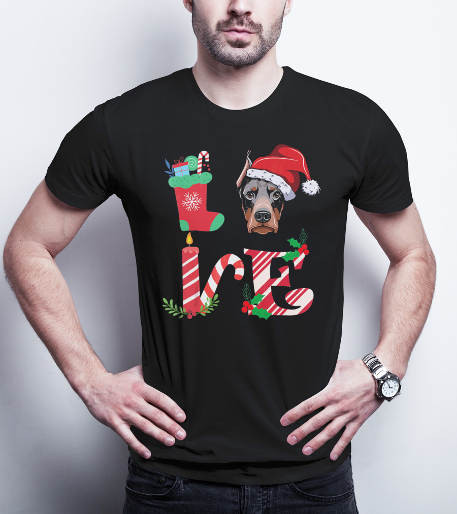 I Love My Doberman Lovers Owners Christmas Santa Hat Stocking Candle T-Shirt