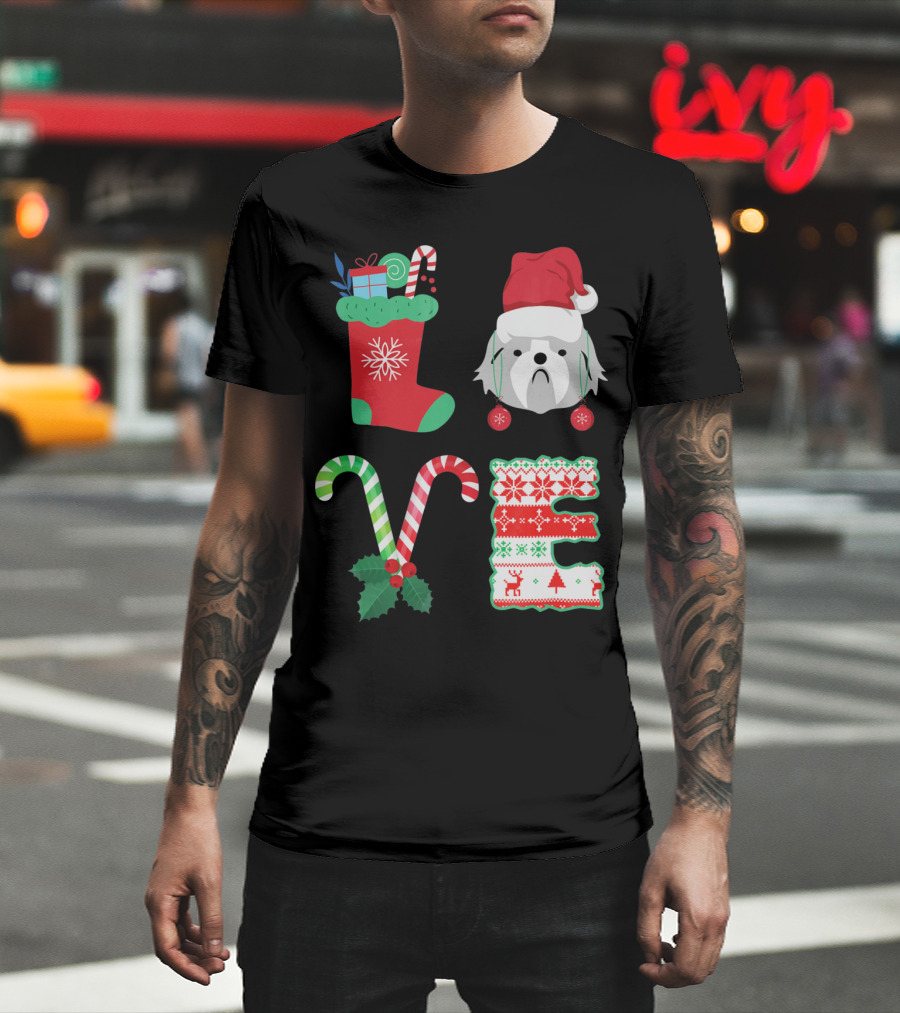 Love Shih Tzu Christmas Dog In Santa Hat With Stocking Candy Canes T-Shirt
