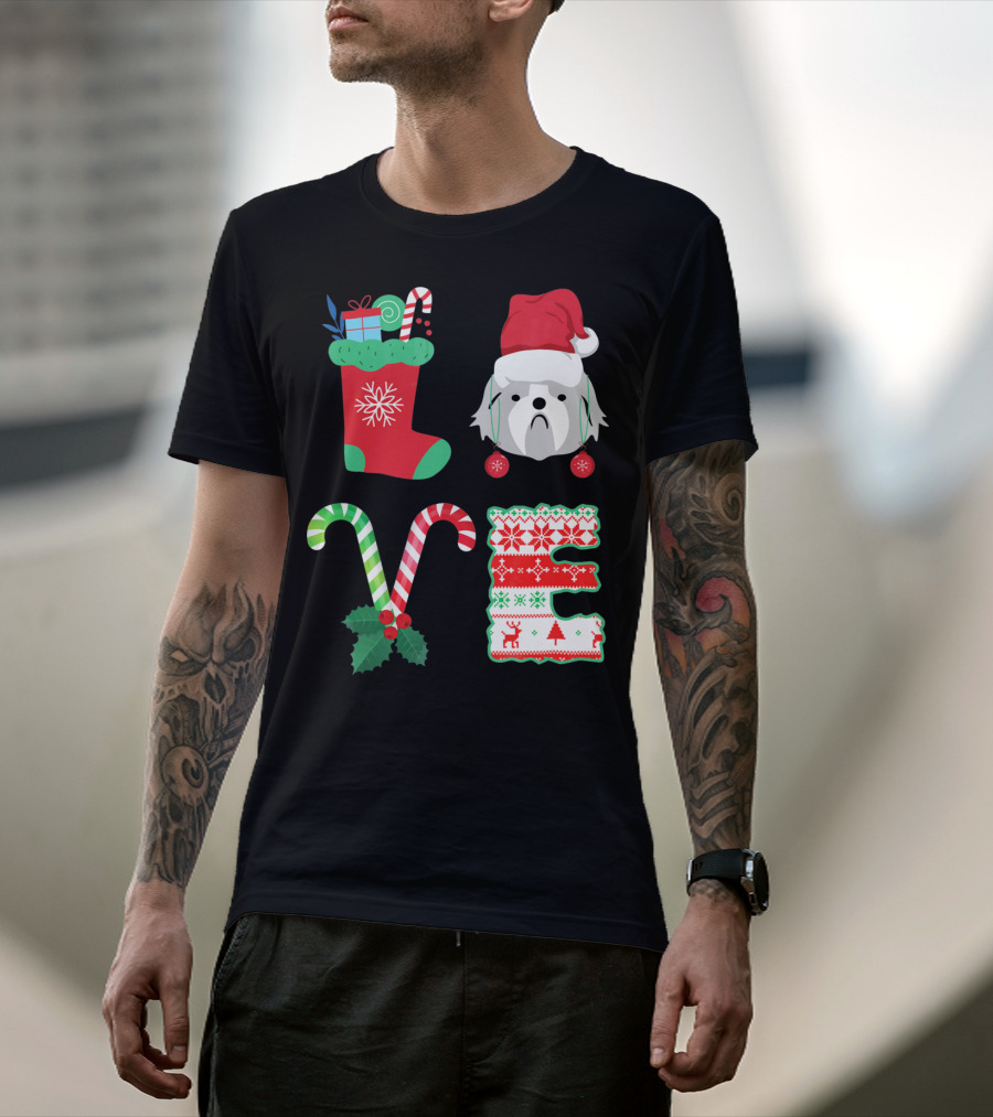 Love Shih Tzu Christmas Dog In Santa Hat With Stocking Candy Canes T-Shirt