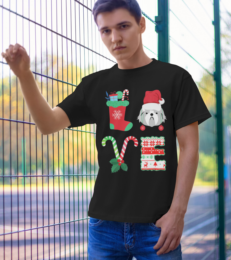 Love Shih Tzu Christmas Dog In Santa Hat With Stocking Candy Canes T-Shirt