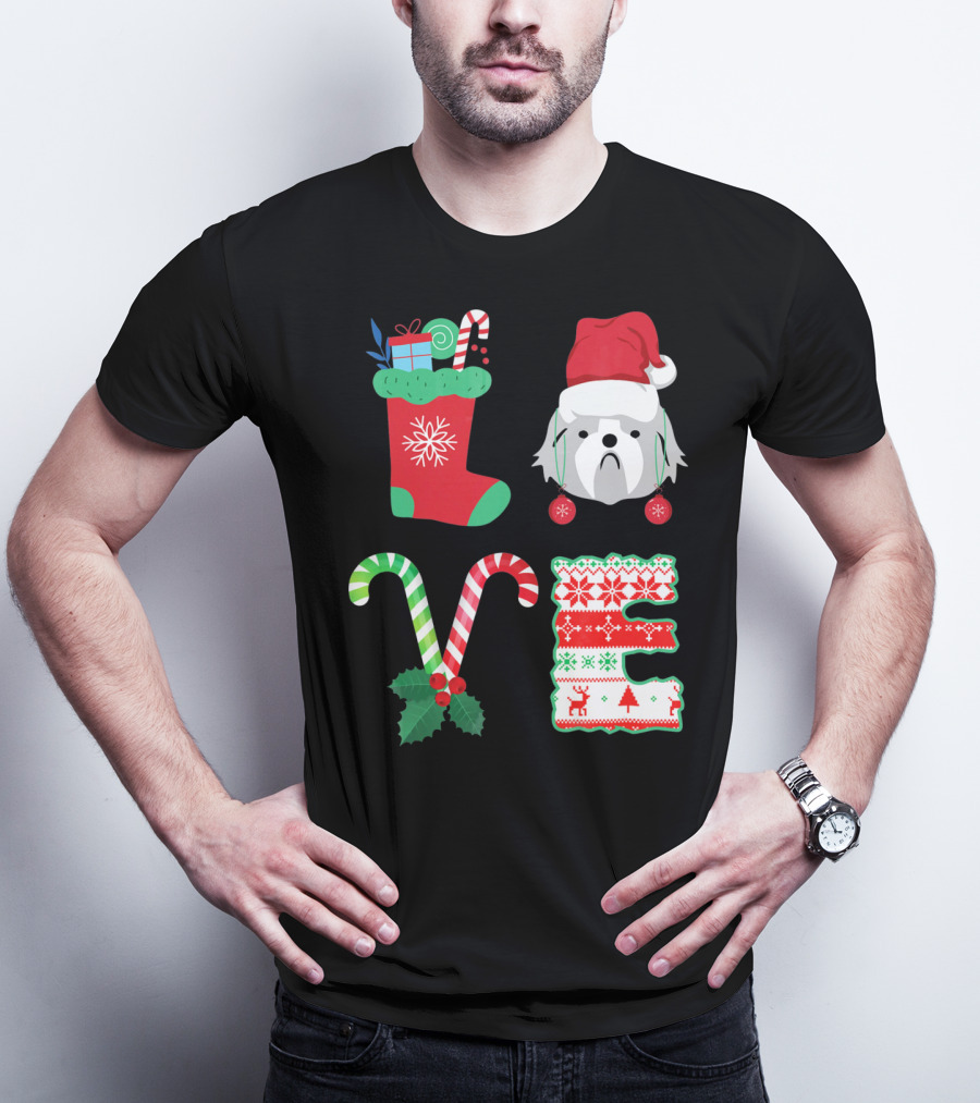 Love Shih Tzu Christmas Dog In Santa Hat With Stocking Candy Canes T-Shirt