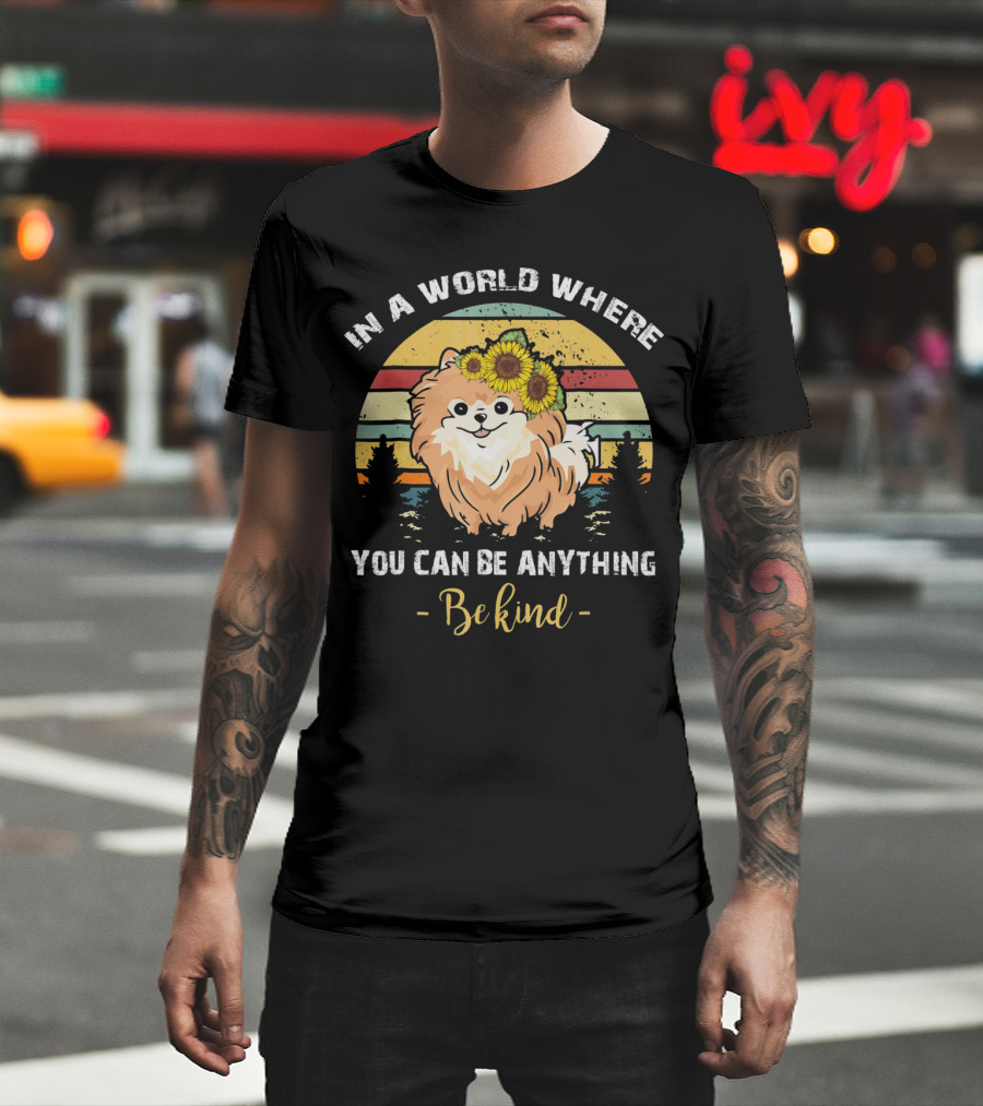 In A World Where You Can Be Anything Be Kind Pomeranian Vintage Retro Sunflowers T-Shirt