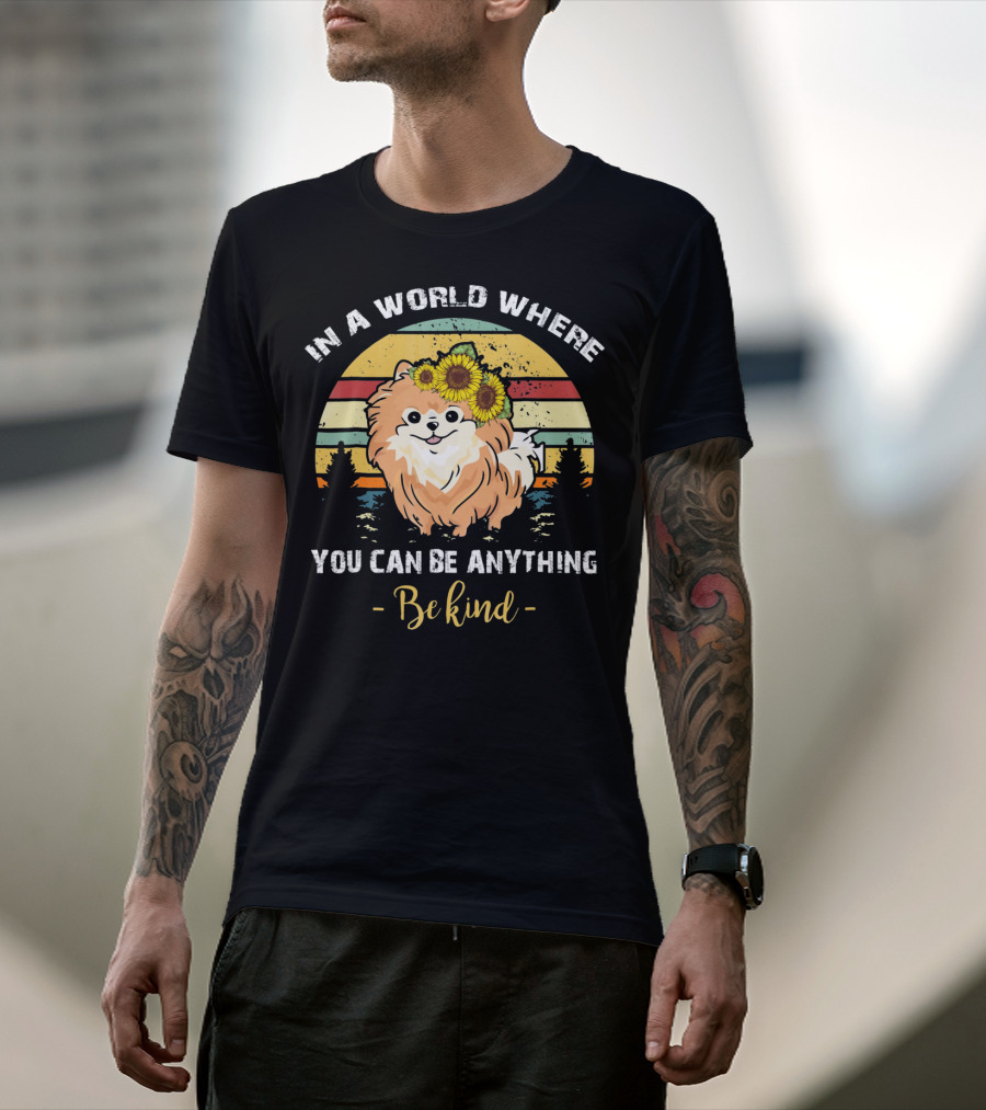In A World Where You Can Be Anything Be Kind Pomeranian Vintage Retro Sunflowers T-Shirt