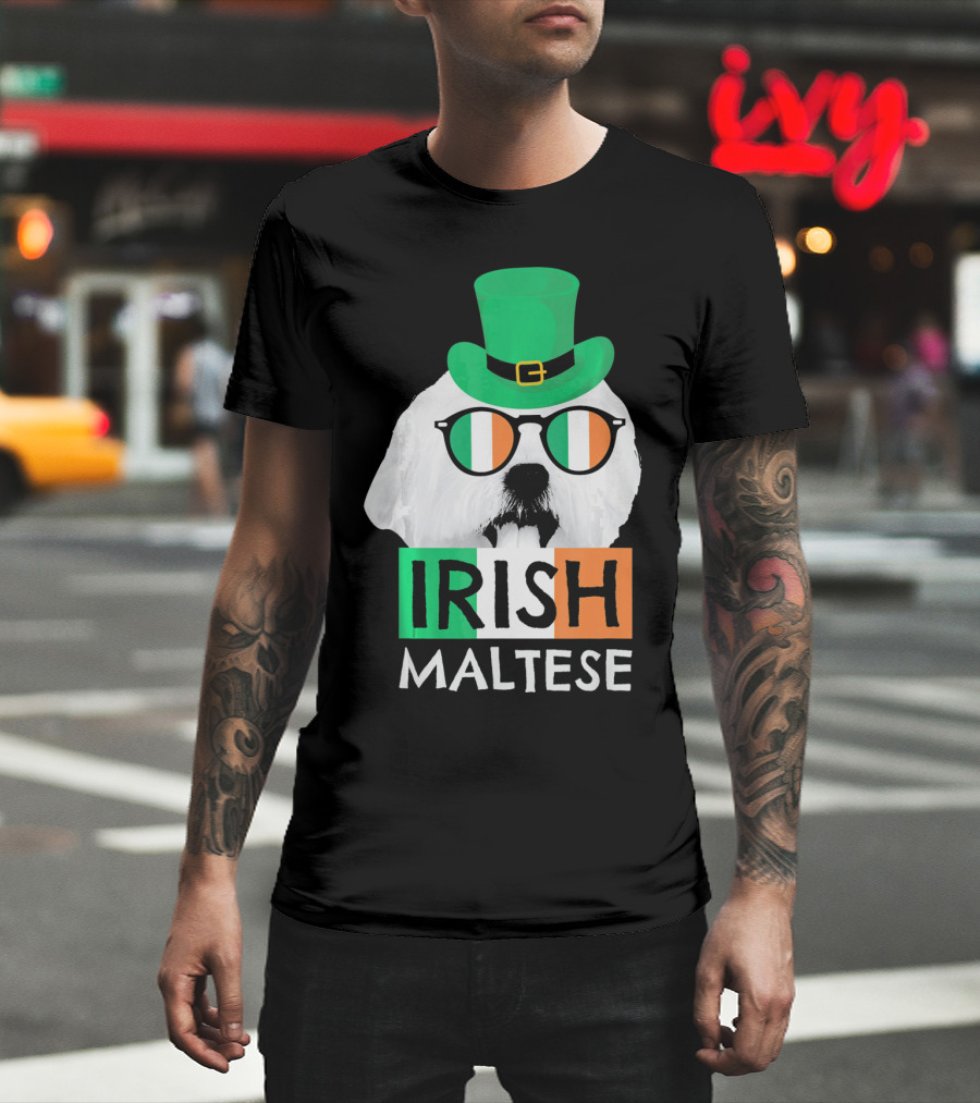 Irish Maltese St Patricks Day Dog Wearing Shamrock Hat And Glasses T-Shirt