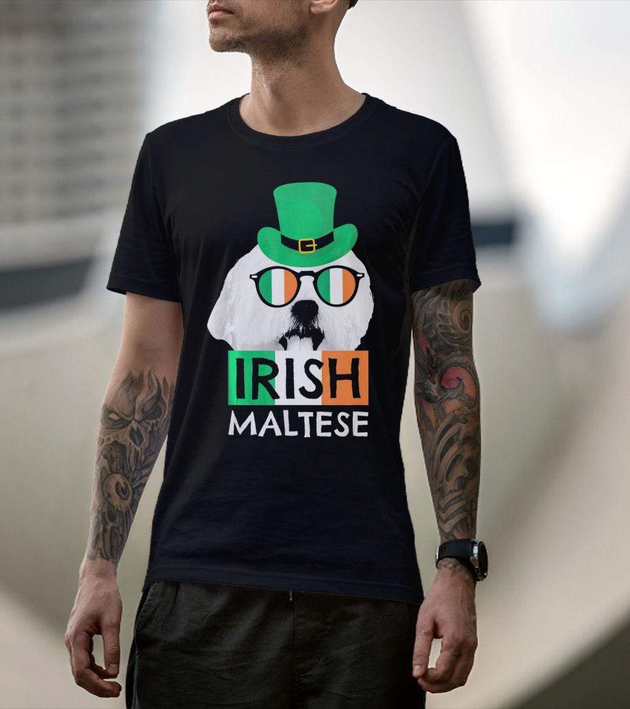 Irish Maltese St Patricks Day Dog Wearing Shamrock Hat And Glasses T-Shirt