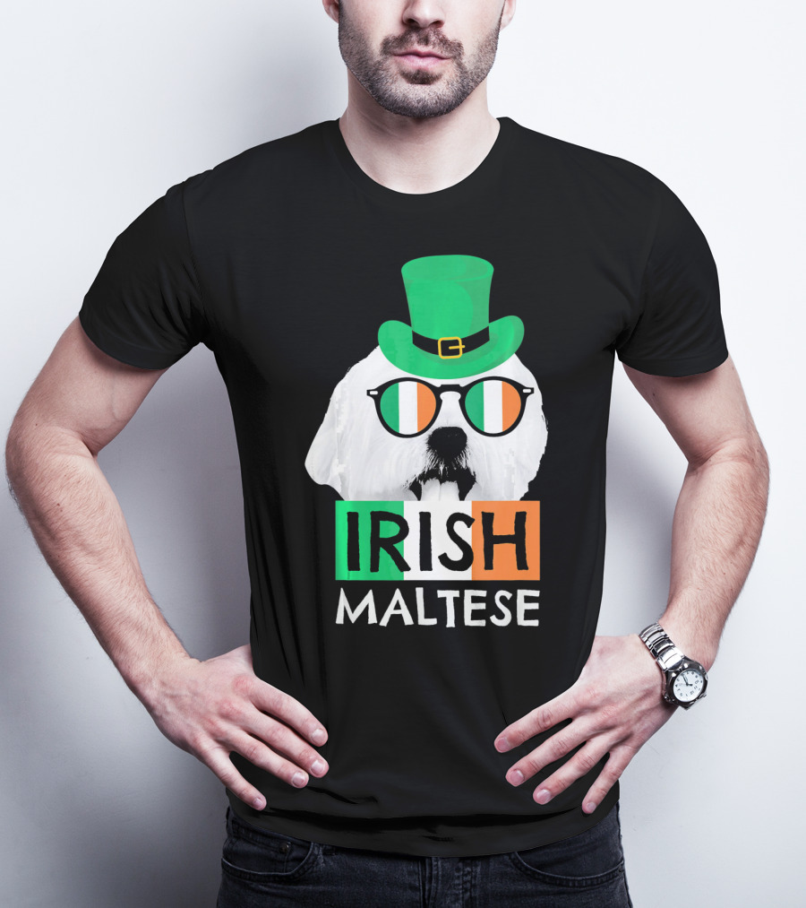 Irish Maltese St Patricks Day Dog Wearing Shamrock Hat And Glasses T-Shirt
