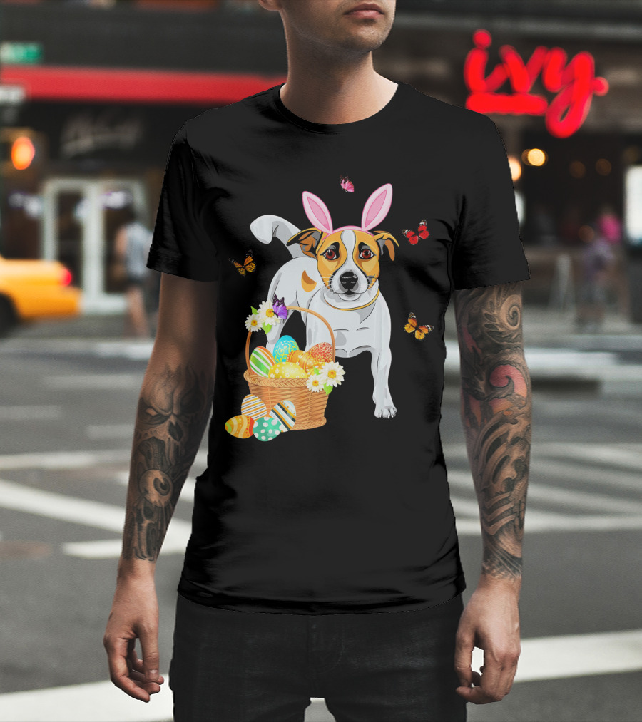Jack Russell Bunny Hat Easter Eggs Basket Butterflies T-Shirt