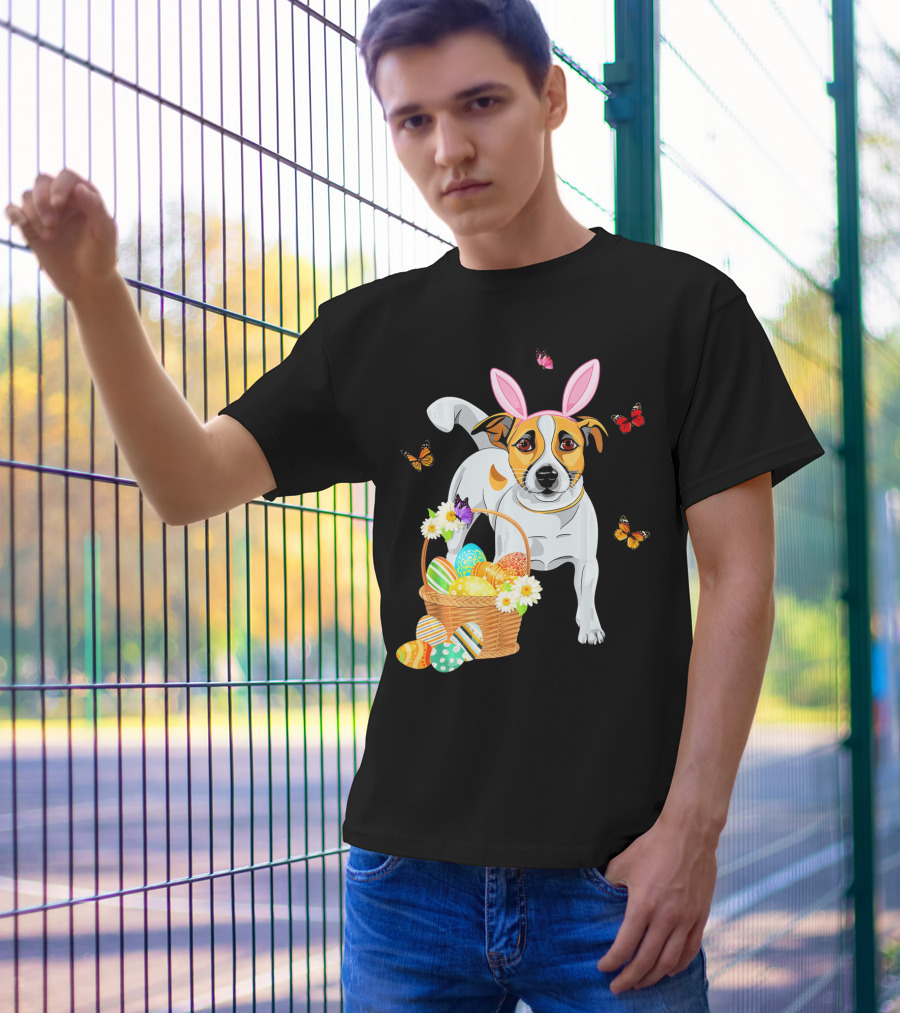 Jack Russell Bunny Hat Easter Eggs Basket Butterflies T-Shirt
