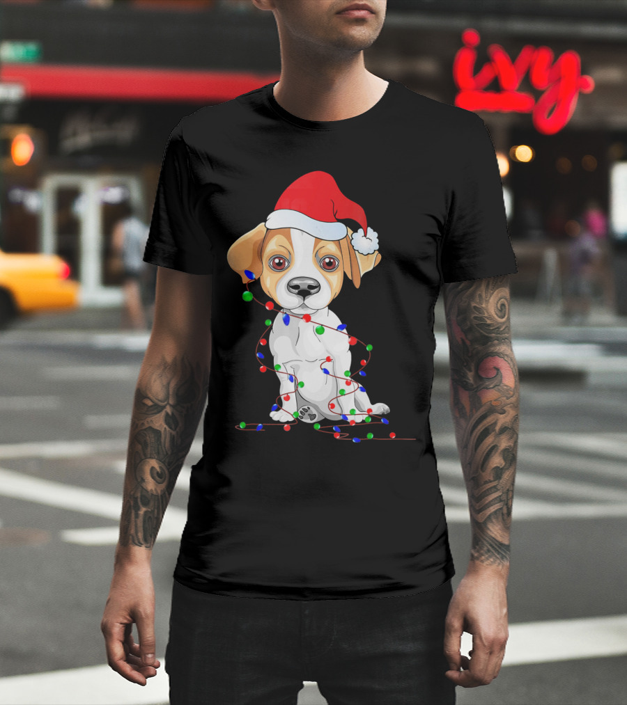 Jack Russell Christmas Lights Decoration Santa Hat T-Shirt