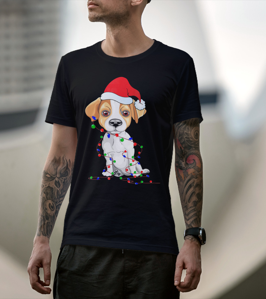 Jack Russell Christmas Lights Decoration Santa Hat T-Shirt