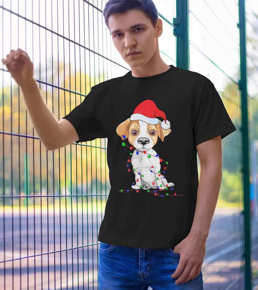 Jack Russell Christmas Lights Decoration Santa Hat T-Shirt