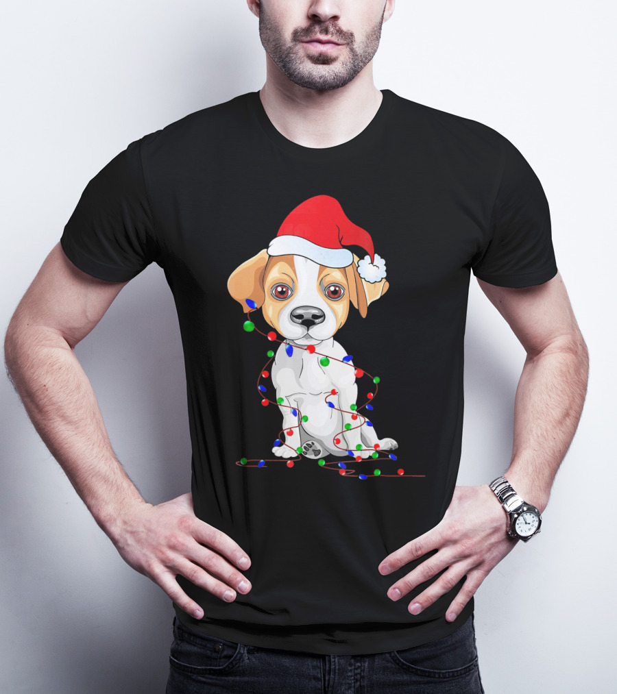 Jack Russell Christmas Lights Decoration Santa Hat T-Shirt