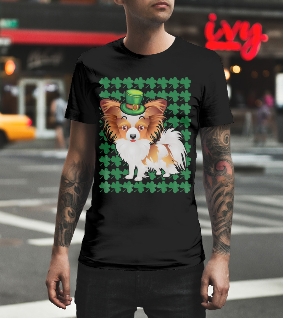 Papillon Dog In Leprechaun Hat Surrounded By Clover T-Shirt
