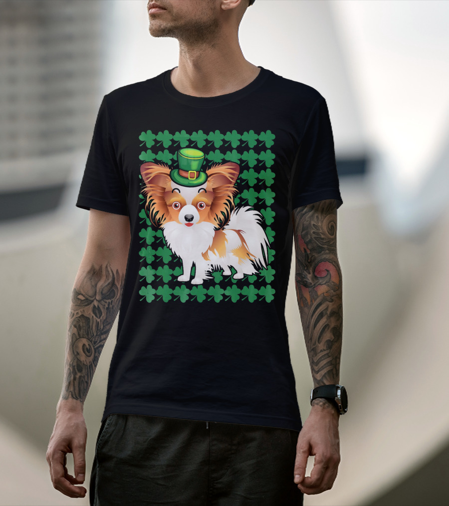 Papillon Dog In Leprechaun Hat Surrounded By Clover T-Shirt