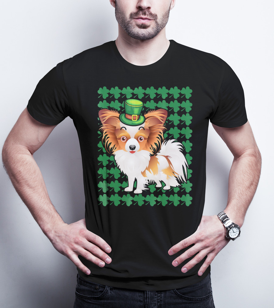 Papillon Dog In Leprechaun Hat Surrounded By Clover T-Shirt