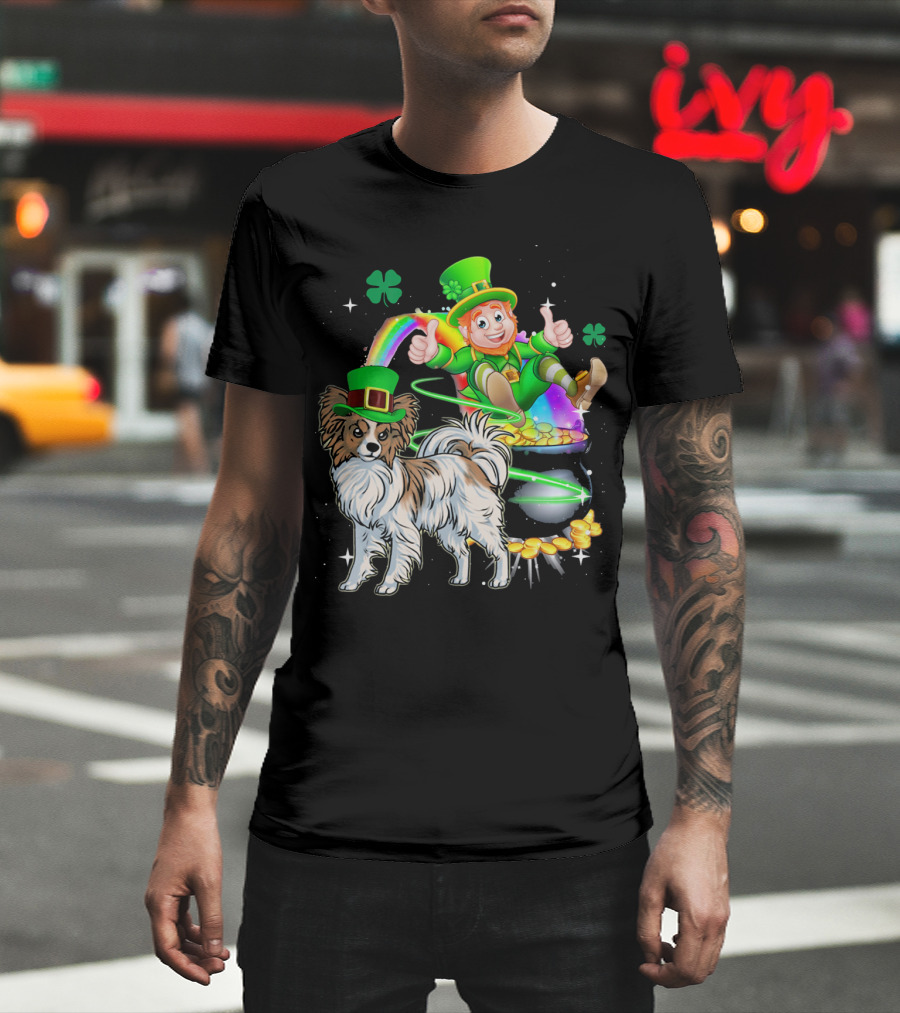 Leprechaun Papillon Clover Rainbow Gold Coins And Pot T-Shirt