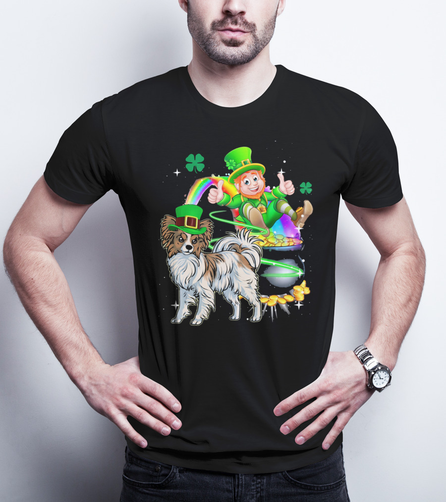 Leprechaun Papillon Clover Rainbow Gold Coins And Pot T-Shirt