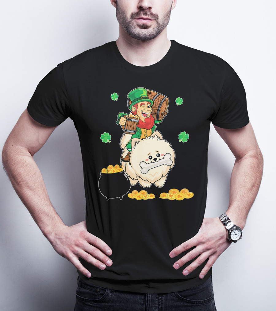 Leprechaun Rides Pomeranian With Beer And Gold Shamrocks T-Shirt