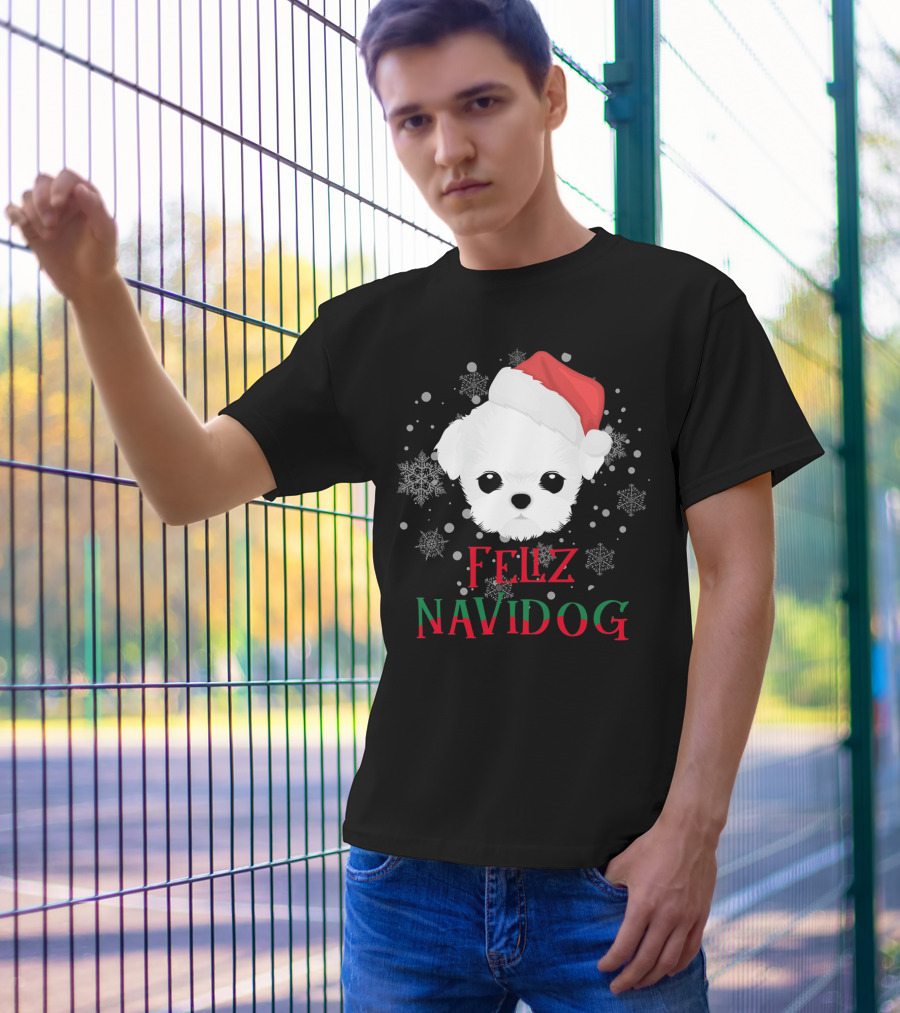 Feliz Navidog Maltese Dog Christmas Santa Hat Snowflakes T-Shirt